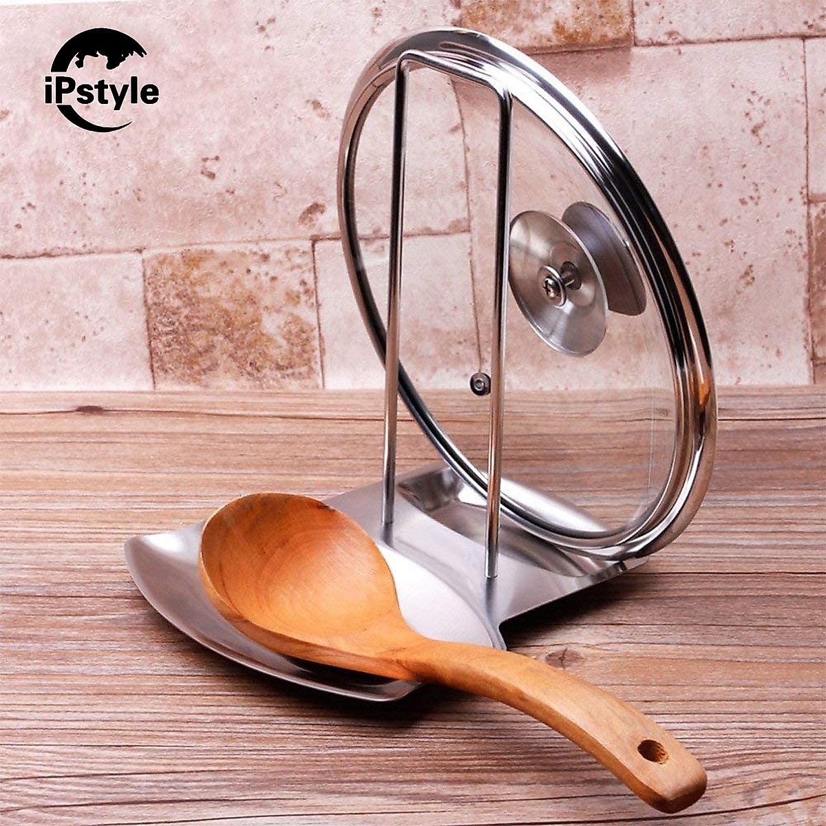 iPstyle Pan Lid Holder Spoon Rest for Pots and Pans Progressive Lid and Spoon Shelf 304 Stainless Steel Pan Lid Organizer Kitchen Decor Tool (Holder)