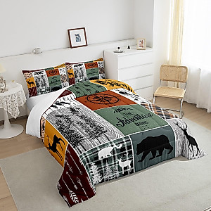 Cabin Retro Rustic Lodge Comforter Set, Bear Deer Country Bedding Twin, Hunting Wild Animal Quilt Plaid Check Adventure Themed Bedding Comforter Sets For Kids Boys Teens Adult Men Bedroom Decor