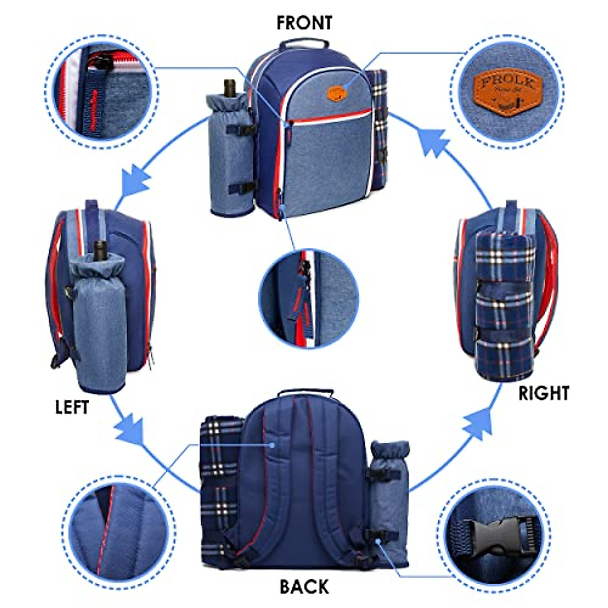 Frolk Picnic Backpack Set for 4 - Picnic Basket Backpack Kit with 4 Cutlery Sets, Cooler Compartment, Wine Holder, Picnic Blanket, 3 Food Storage Containers - Picnic Gift for Men and Women