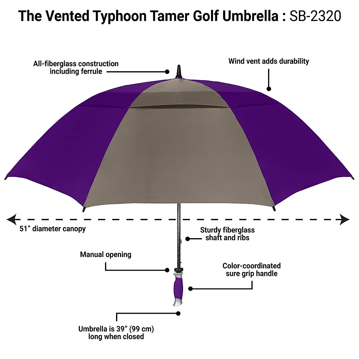 The Typhoon Tamer 62 Inch Vented Windproof Double Canopy Large Golf Umbrella for Rain & Wind, Strong Fiberglass Oversized Lightweight Professional Quality Golfers Umbrella for Men & Women, Gray/Purple