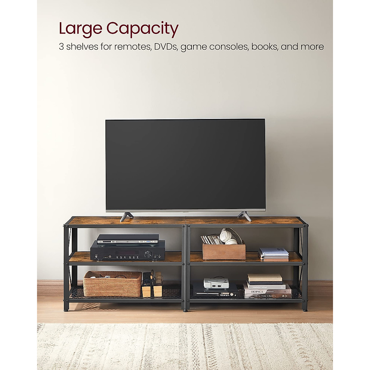 VASAGLE TV Stand, TV Console for TVs Up to 65 Inches, TV Table, 55.1 Inches Width, TV Cabinet with Storage Shelves, Steel Frame, for Living Room, Bedroom, Rustic Brown and Black ULTV094B01