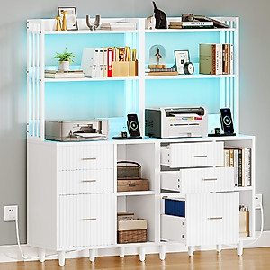 YITAHOME 3 Tier Bookcase, Bookshelf with Lighting, File Cabinet with Charging Station, 3 Drawer Wood Filing Cabinet, Printer Stand with Open Storage Shelves for Home Office, White