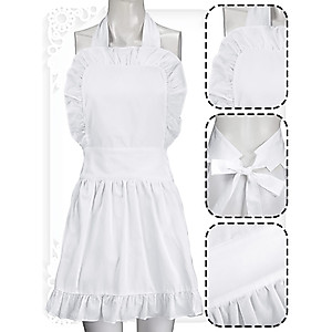 Newcotte Maid Aprons Colonial Aprons Adjustable Bib White Retro Ruffle Apron renaissance french maid apron colonial costume girls apron Kitchen Cooking Baking Cleaning Maid Costume(White)