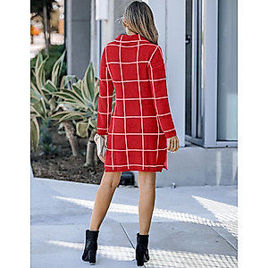 luvamia Women's Casual Turtleneck Knitted Sweater Long Sleeves Grid Warm Comfy Pullover Sweater Dress Womens Long Sleeve Dresses Christmas Dresses for Women Luscious Red Size Medium Size 8 Size 10