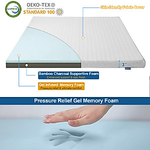 Bomdaia 3 Inch Gel Memory Foam Mattress Topper Queen Size Cooling Mattress Pad Pressure Relief Bed Topper for Back Pain, High Density Bamboo Charcoal Firm Topper with Removable & Washable Cover