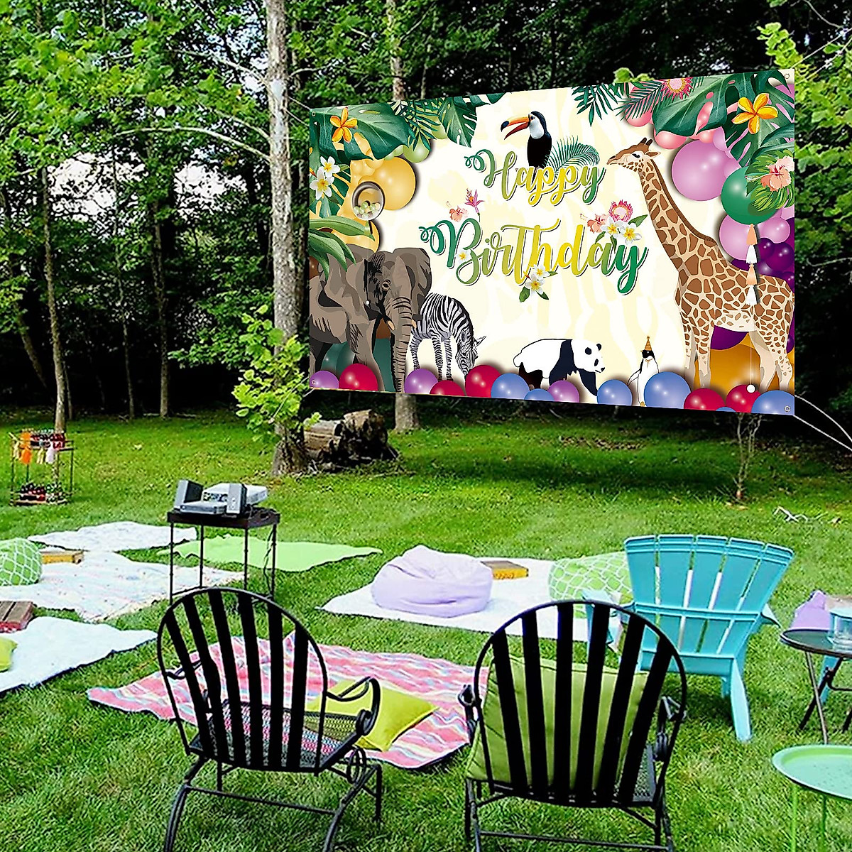 Happy Birthday Banner for Jungle Safari Theme Birthday Party Decorations, Fabric Animal Zoo Theme Birthday Party Backdrop Tropical Forest Poster for Boys Girls Birthday Party Wall Supplies, 185*110cm