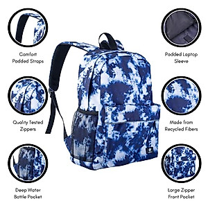 Fenrici Tie Dye Backpack for Boys, Girls, Blue Backpack for Kids, Bookbag with Padded Laptop Compartment, Blue Tie Dye, Indigo Blue, 16 Inch