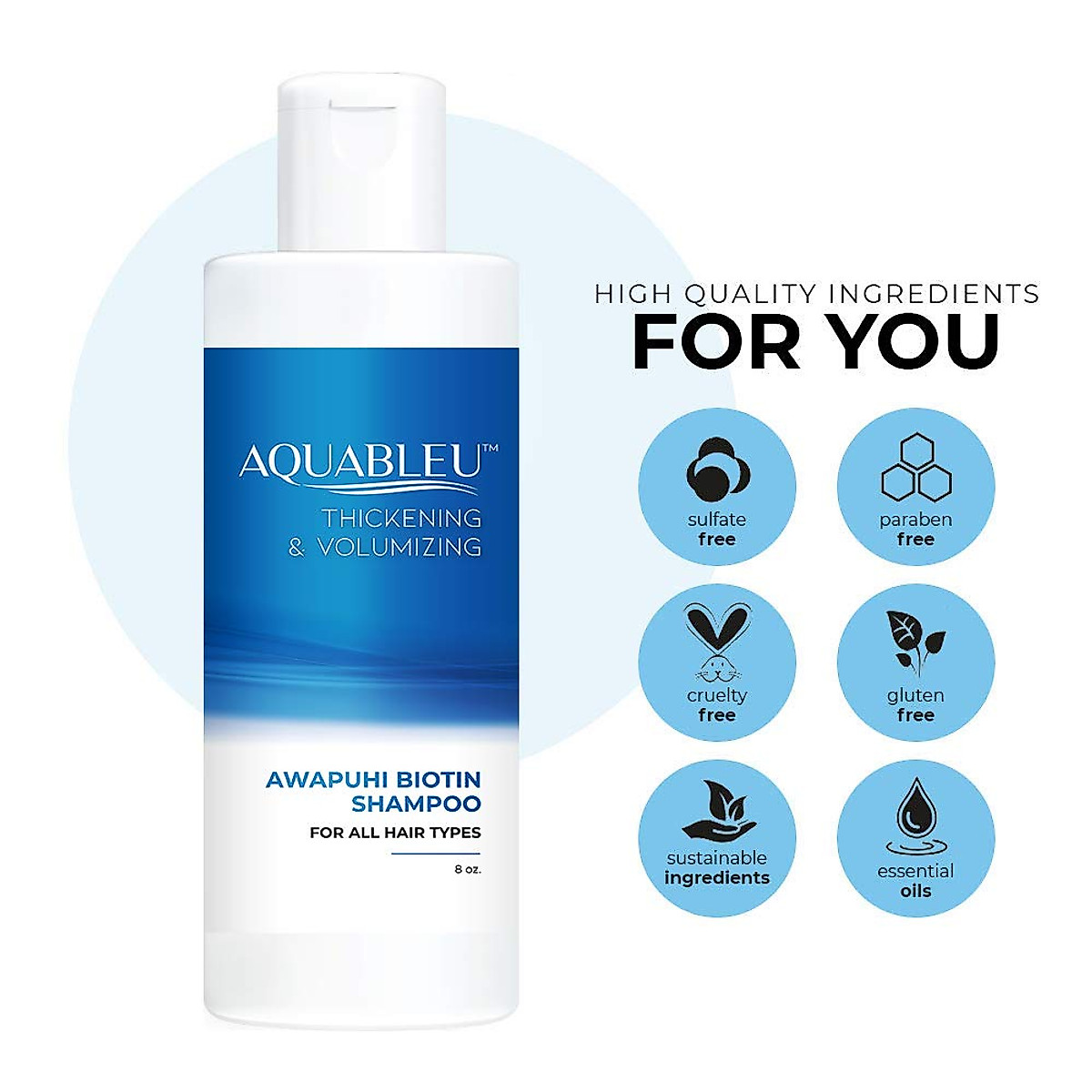 Aquableu Biotin Shampoo – Natural Thickening & Volumizing For Thicker Hair - Infused with coconut oil, keratin, Argan & Jojoba oil - Awapuhi fragrance 8oz