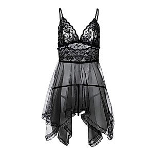 Youmymine Women Lace Lingerie Babydoll Nightgown Sexy V Neck Nightwear Chemise Nightie Backless Pajamas (Black, M)