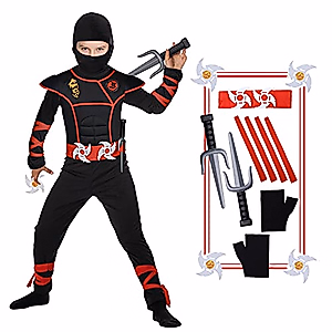 ThinkMax Boys Ninja Costume for Kids Halloween Dress Up Party with Ninja Foam Accessories Toys (M 7-9 Years)