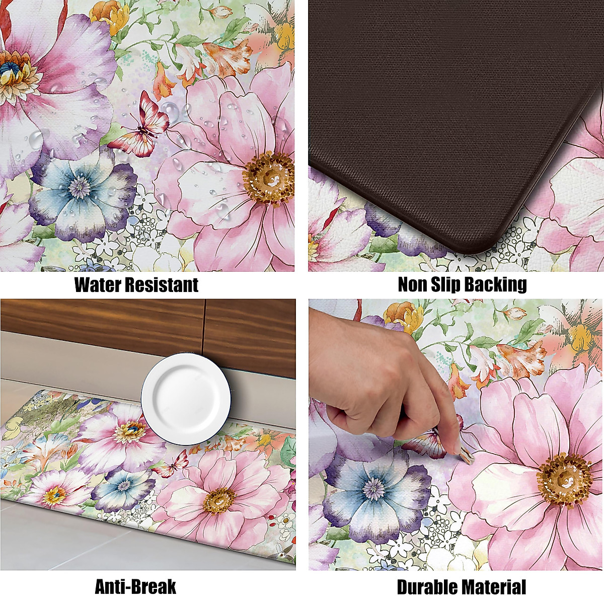 chiinvent Pink Floral Kitchen Rug Mats Set of 2 Boho Flower Anti Fatigue Kitchen Mats for Floor Non-Slip Cushioned Kitchen Floor Mat Comfort Standing Memory Foam Mat Waterproof PVC (17.3X 28+17.3X 47)