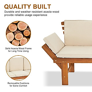 Outvita Acacia Wood Patio Convertible Couch Sofa Bed w/Adjustable Armrest & Wheels, Outdoor Daybed w/Removable Cushions & Pillows, Folding Chaise Lounge Bench for Porch Courtyard Poolside(White)