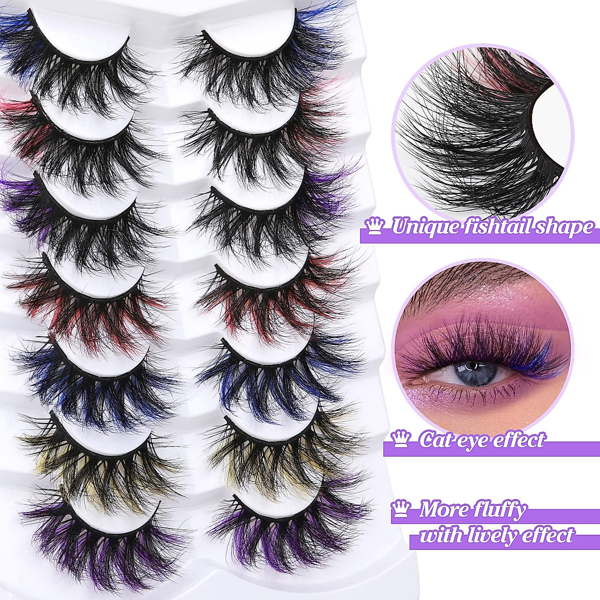 Colored Lashes Colorful Eyelashes Fluffy Mink Lashes with Color End 5D Full Lashes Strip Pink Dramatic Color Lashes Pack False Eyelashes 7 Pairs by Goddvenus