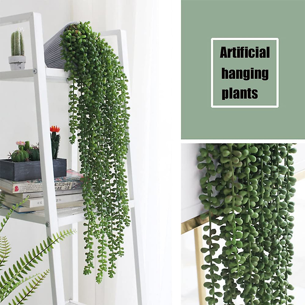 3 Pcs String of Pearls Plant Artificial Hanging Succulents Plants for Home Garden Decor (Pots Not Included) (Dark Green)