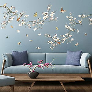 Green Leaf Branch Wall Decals White Flowers Wall Stickers DIY Removable Butterflies and Birds Wall Sticker Art Home Decoration for Kids Baby Girls Bedroom Classroom Offices Nursery TV Sofa Background (B)