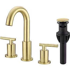 TRUSTMI 2 Handle 8 Inch Brass Bathroom Sink Faucet 3 Hole Widespread with Valve and cUPC Water Supply Hoses, with Overflow Pop Up Drain Assembly, Brushed Gold
