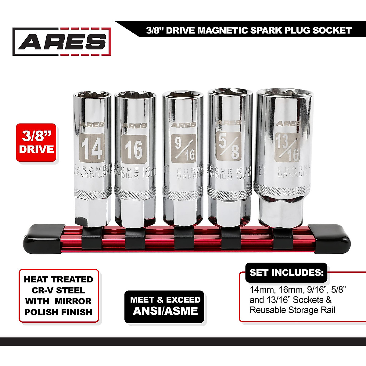 ARES 11016-5-Piece Magnetic Spark Plug Socket Set - Includes 14mm and 16mm Thin Wall Sockets and 9/16-inch, 5/8-inch, and 13/16-inch Sockets - Convenient Reusable Storage Rail Included