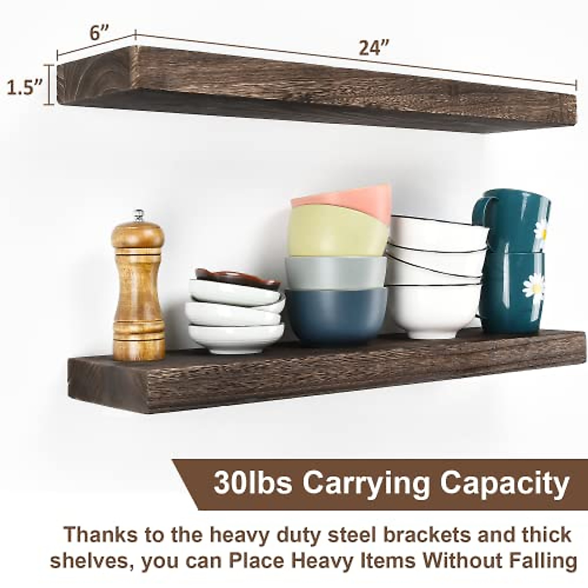 Floating Shelves for Wall Set of 2, Rustic , 24 Inch, Natural Dark Wood ,Farmhouse, Thick Floating Shelf for Bathroom, Bedroom, Kitchen, Living Room, Office