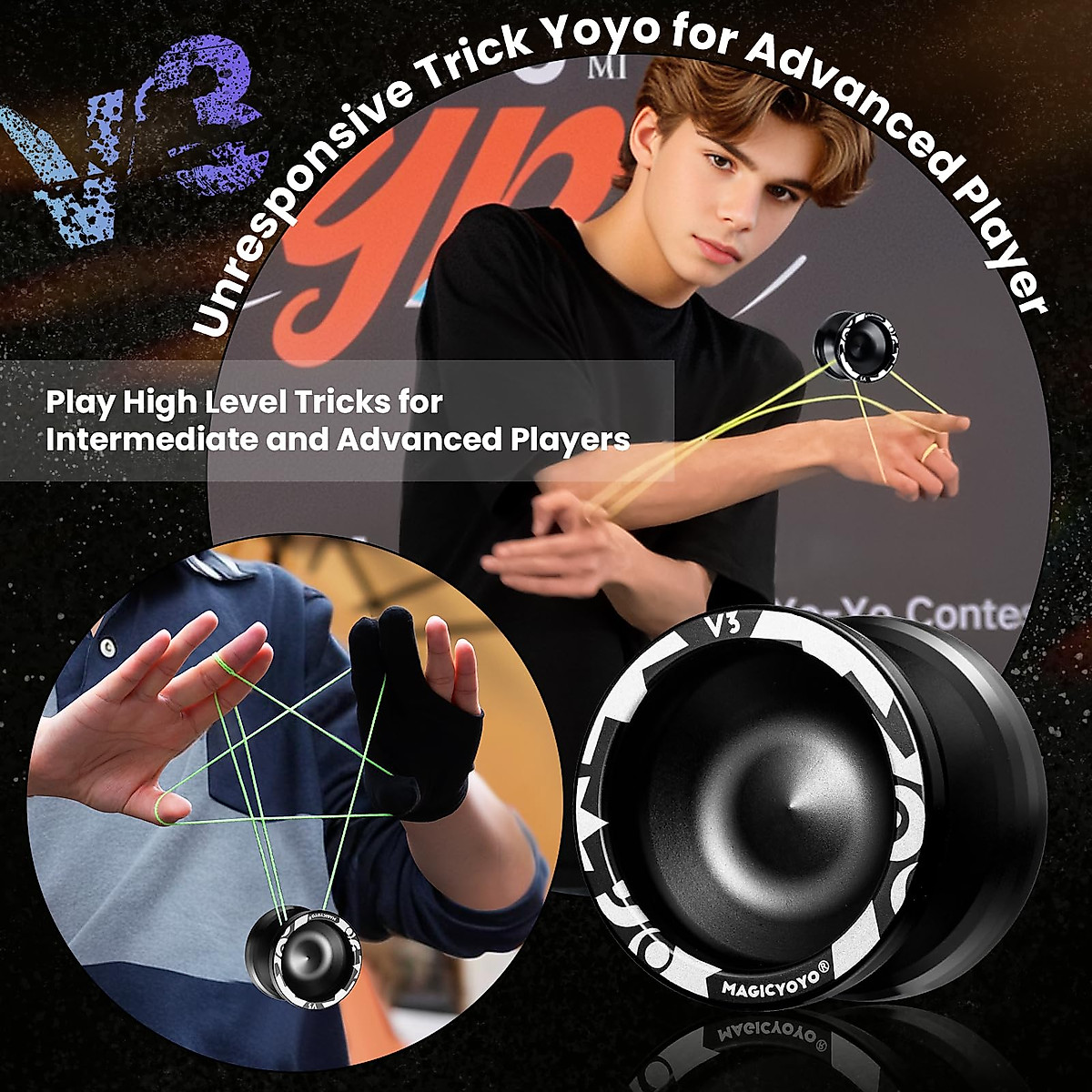 MAGICYOYO V3 Professional Responsive Yoyo for Kids 8-12 and Adults, Dual Function with 12 Strings, KK Bearing, Bearing Puller, Axle, Case - Black