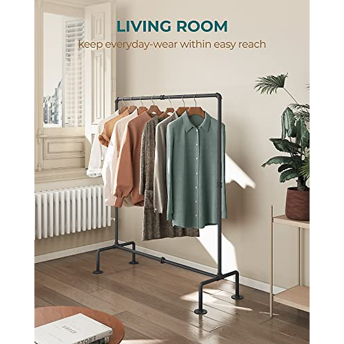 OROPY Industrial Pipe Clothing Rack Free Standing, Heavy Duty Detachable Clothes Rack with 4 Stable Feet for Garment Storage Display, Black