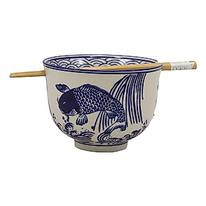 Ebros Ming Style Zen Blue White Koi Fishes By Waterfall Ramen Udong Noodles 5" Diameter Bowl With Built In Chopsticks Rest and Bamboo Chopstick Set for Dining Soup Rice Meal Cereal Bowls Decor Kitchen