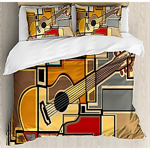 Ambesonne Music Duvet Cover Set, Funky Fractal Geometric Square Shaped Background Acoustic Guitar Art, Decorative 3 Piece Bedding Set with 2 Pillow Shams, King Size, Pale Yellow