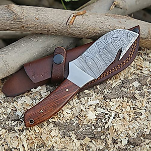 WARIVO KNIFE Hunting knife Full Tang Damascus Gut Hook Knife- EDC 8-inch Gut Hook Skinning knife for Hunting Fixed Blade Knife with Sheath Deer Gutting knives with Rosewood handle