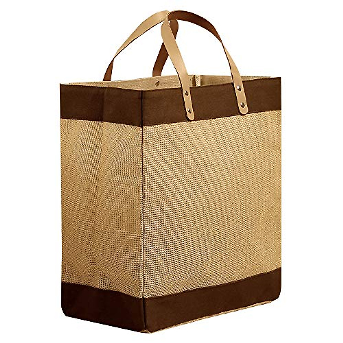 Preferred Nation Kona Jute Tote (Set of 2), Burlap with Leather Handles, Extra Wide for Grocery, Shopping, Beach, Outting Tote, Eco Friendly Brown