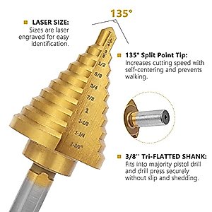 10 Sizes Titanium Step Drill Bit, 1/4 to 1-3/8 Inches High Speed Steel Step Drill Bits for Sheet Metal Hole Drilling Cutting, HSS Multi Size Unibit Drill Bits DIY Lovers, Multiple Hole Stepped up Bits