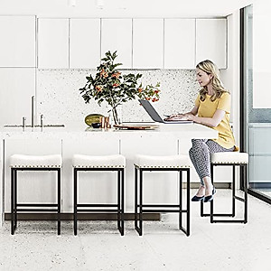 LUE BONA Counter Height Bar Stools 24" Square Saddle BarStools Set of 4, Modern Backless Faux Leather Counter Stool with Black Metal Legs for Kitchen Island Counter,Home Bar,Bistro,White