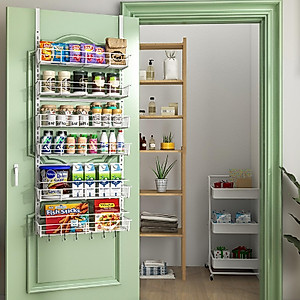 Mefirt Over The Door Pantry Organizer, Wall Mount Spice Rack, Pantry Hanging Storage and Organization, 6 Adjustable Baskets Heavy-Duty Metal for Home & Kitchen, Back of Door Seasoning Rack - White