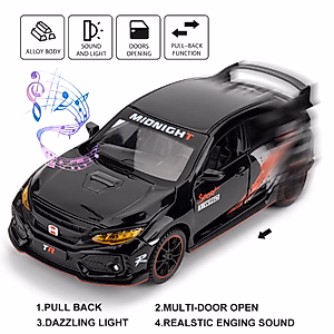WAKAKAC 1/32 Toy Car for Honda Civic Type-R Diecast Toy Vehicle Metal Pull Back Model Car with Light and Sound for Kids Adults Gift(Black)