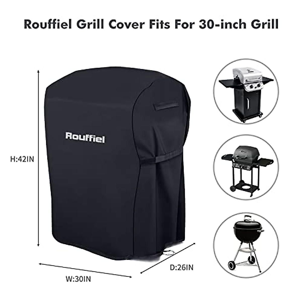 Rouffiel Gas Grill Covers, 30 inch BBQ Grill Cover 420D Heavy Duty Waterproof, Outdoor Barbecue Cover Non-Fade and Rip Proof Fits Grills of Weber, Char-Broil