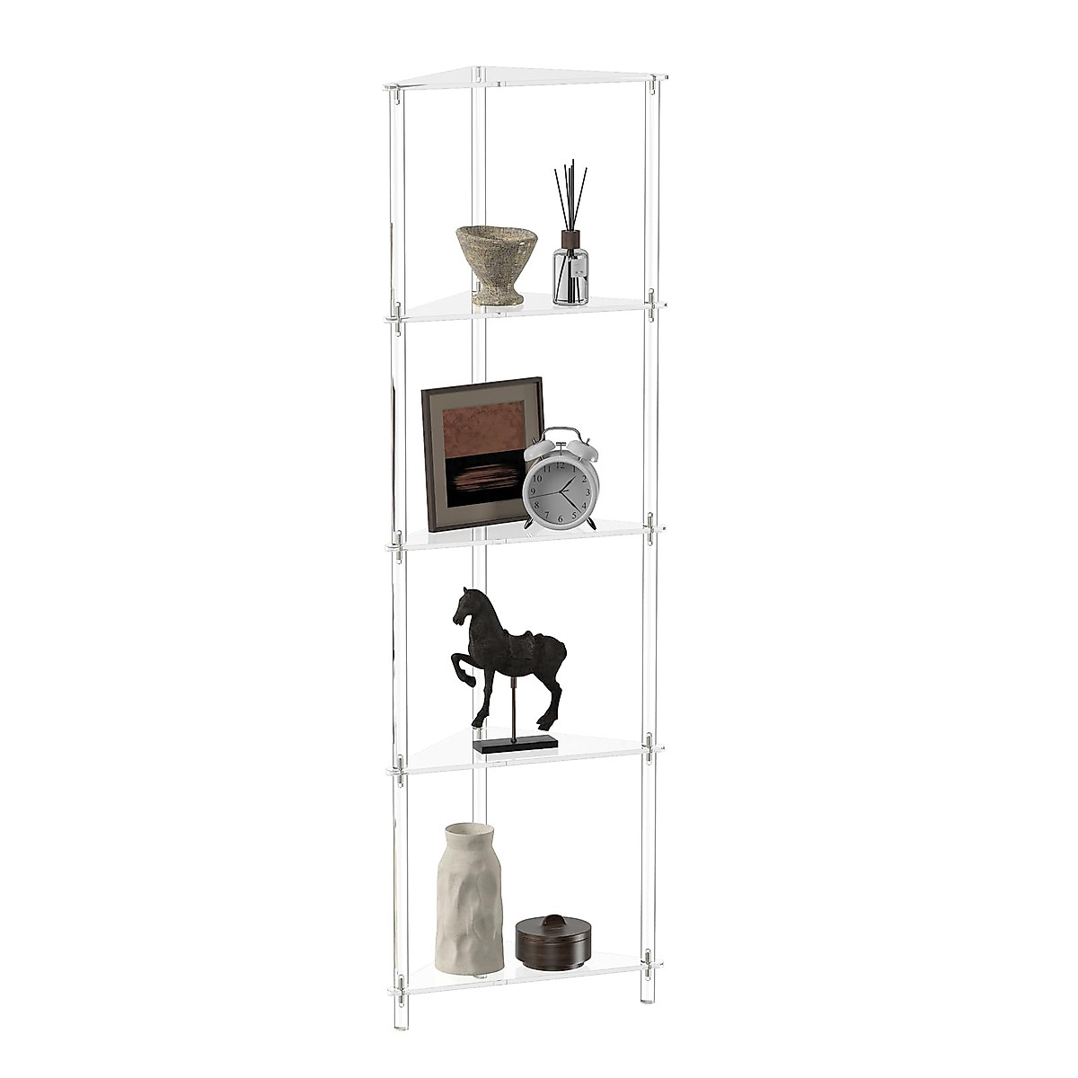 Elgaf Acrylic 5-Tier Corner Shelf Stand - 11.7'' W Corner Display Shelves Storage Shelf for Collectibles, Plants, Books, 11.7’’ D x 11.7'' W x 53.3'' H, Triangle, Clear