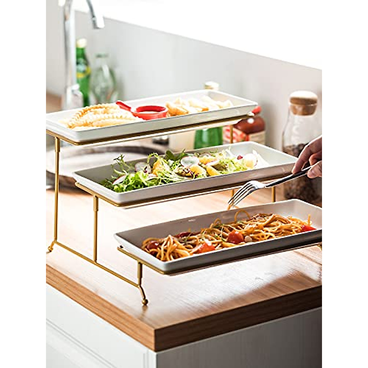 YHOSSEUN Large Tiered Serving Stand with Platters 3 Tier Serving Stand Serving Tray for Dessert Server Display Collapsible Sturdier Metal Rack