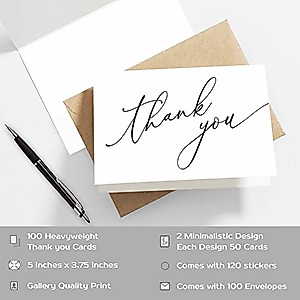 Thank You Cards with Kraft Envelopes & Stickers (Bulk 100-Pack), 5 x 3.75 Inch Minimalist Design Thank You Blank Notes for Engagement, Wedding, Baby Shower, Graduation, Bridal Shower, Business, Funeral (White)
