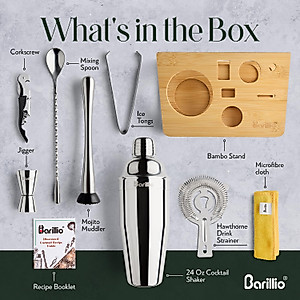 Barillio Bartender Kit - Stainless-Steel Cocktail Shaker Set with Bamboo Stand - Mixology Bar Tools w/Shaker, Drink Mixer Spoon & Muddler for Cocktails - Home Bar Accessories - 10-Pc Bar Set - Silver