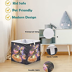 visesunny Closet Baskets Cute Cat on The Donut Galaxy Storage Bins Fabric Baskets for Organizing Shelves Foldable Storage Cube Bins for Clothes, Toys, Baby Toiletry, Office Supply
