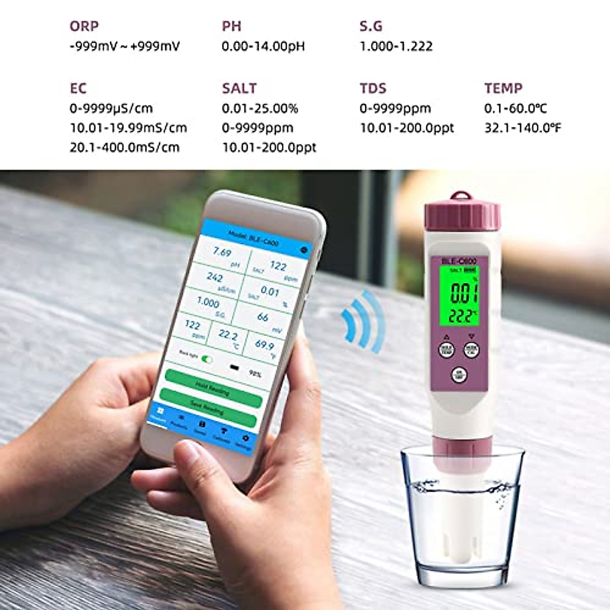 Digital PH Meter, 7 in 1 Bluetooth PH, TDS, EC, ORP, SG, Salinity and Temperature Tester Pen 0.01 High Accuracy for Household Drinking, Hydroponics, Pools and Aquarium