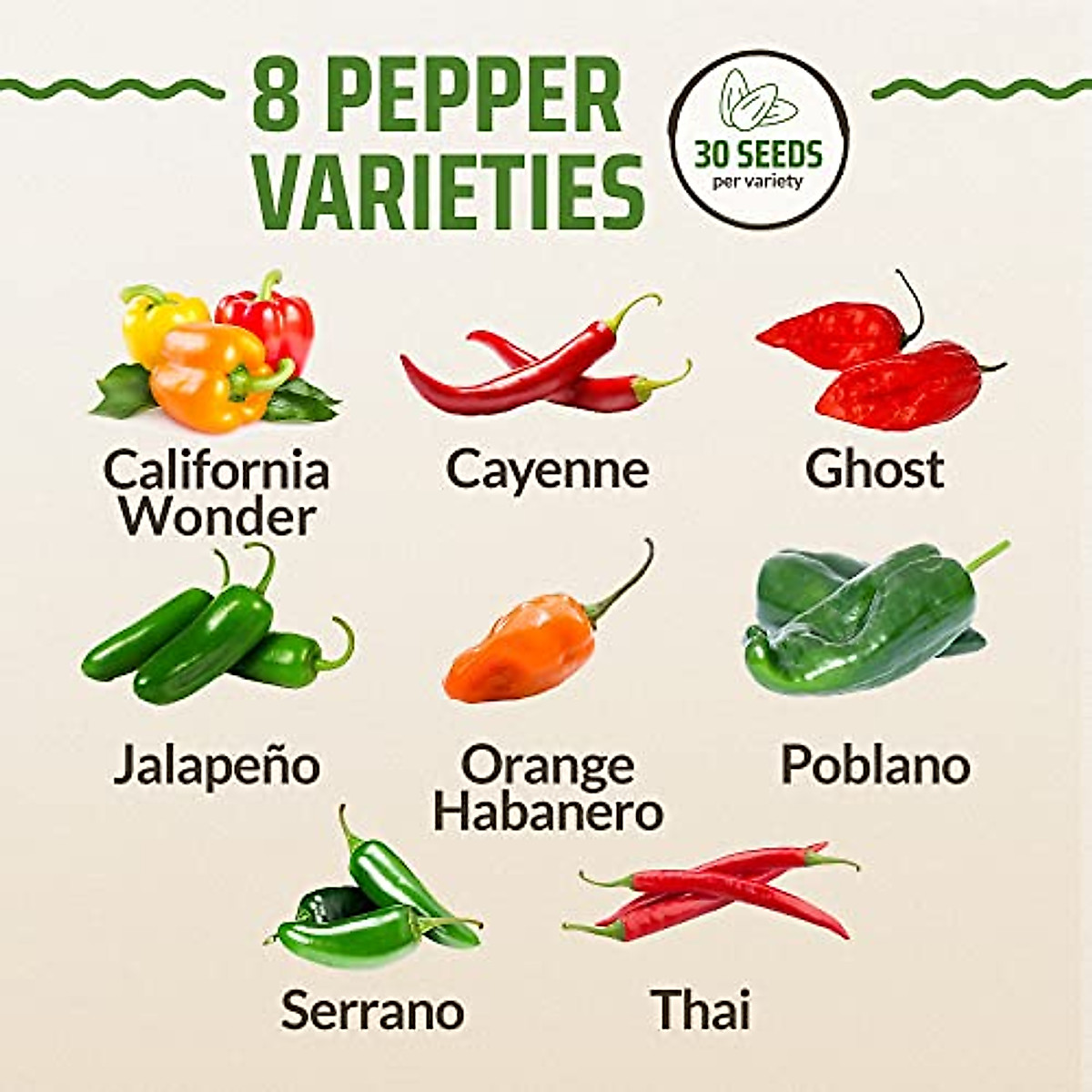 Rooted Acre 8 Varieties Pepper Seeds - Non GMO, USA, Heirloom Hot Pepper Seeds inc Ghost and Jalapeno - High Germinating Pepper Seeds for Planting Home Garden: Serrano, California Wonder, and More