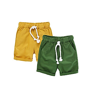 HILEELANG Baby Boys' Shorts 2-Pack Chino Short Summer Cotton Casual Pants with Pockets Yellow Green 2t