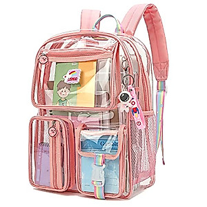 AUOBAG Clear Backpack for Girls Backpacks Elementary Bookbags Middle School bags Women Casual Daypack Send pendant (Pink)