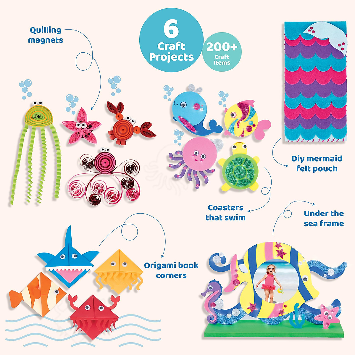 jackinthebox Under The Sea Themed Craft Kit | Includes Beautiful Felt Mermaid Sewing Kit | 6 Different Crafts-in-1 | Best Gift Girls Ages 6 to 10 Years (6-in-1)