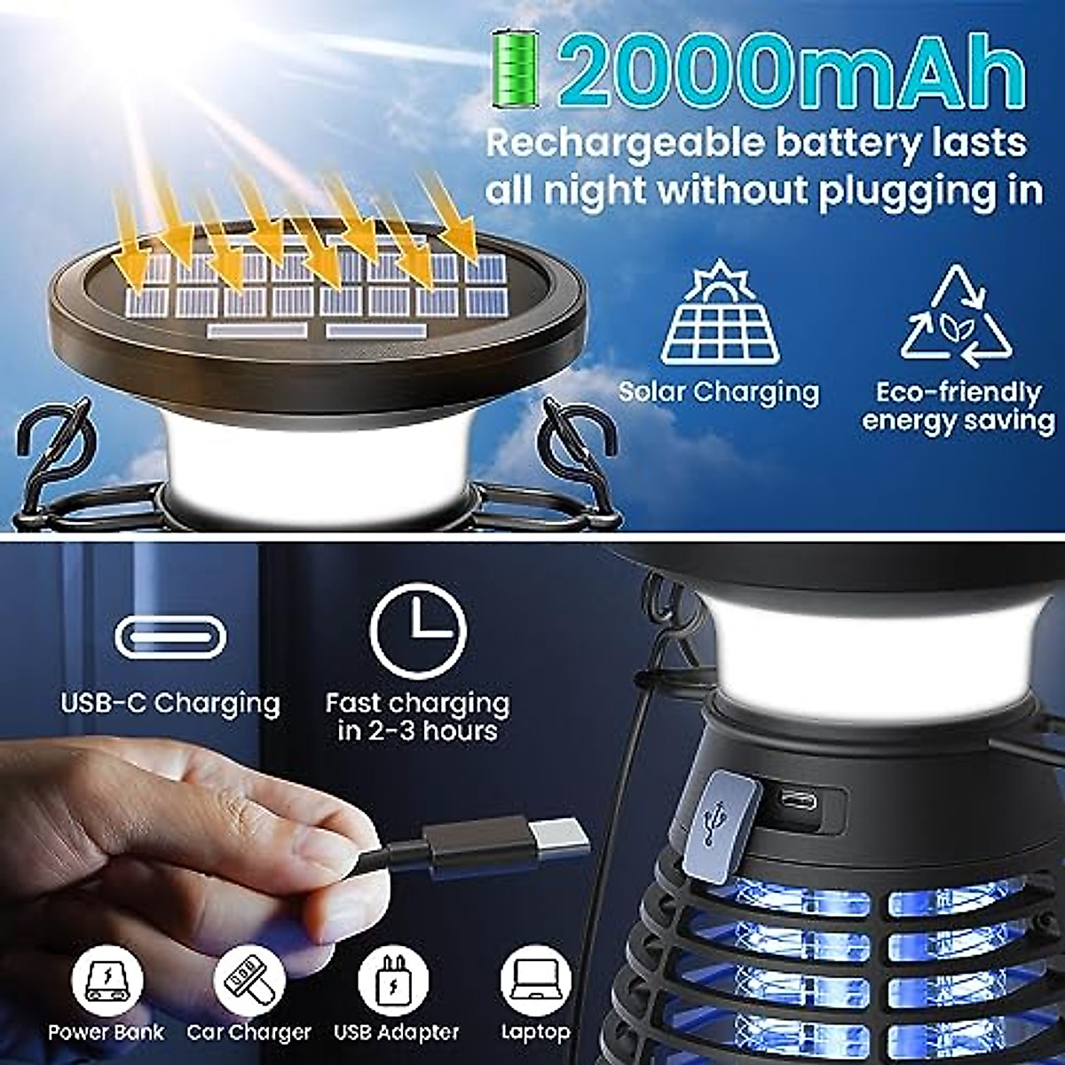 BURLAN Solar Bug Zapper Outdoor & Indoor, Cordless Mosquito Zapper Rechargeable Waterproof Fly Zapper for Camping, Home, Patio, Backyard, Kitchen