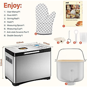 KBS 2LB Bread Maker, 19-in-1 Automatic Bread Machine Stainless Steel with Ceramic Pan,15H Timer&1H Keep Warm, Sourdough, Gluten-Free, 650W Bread Maker Machine with 3 Loaf Sizes 3 Crust Colors, Recipes