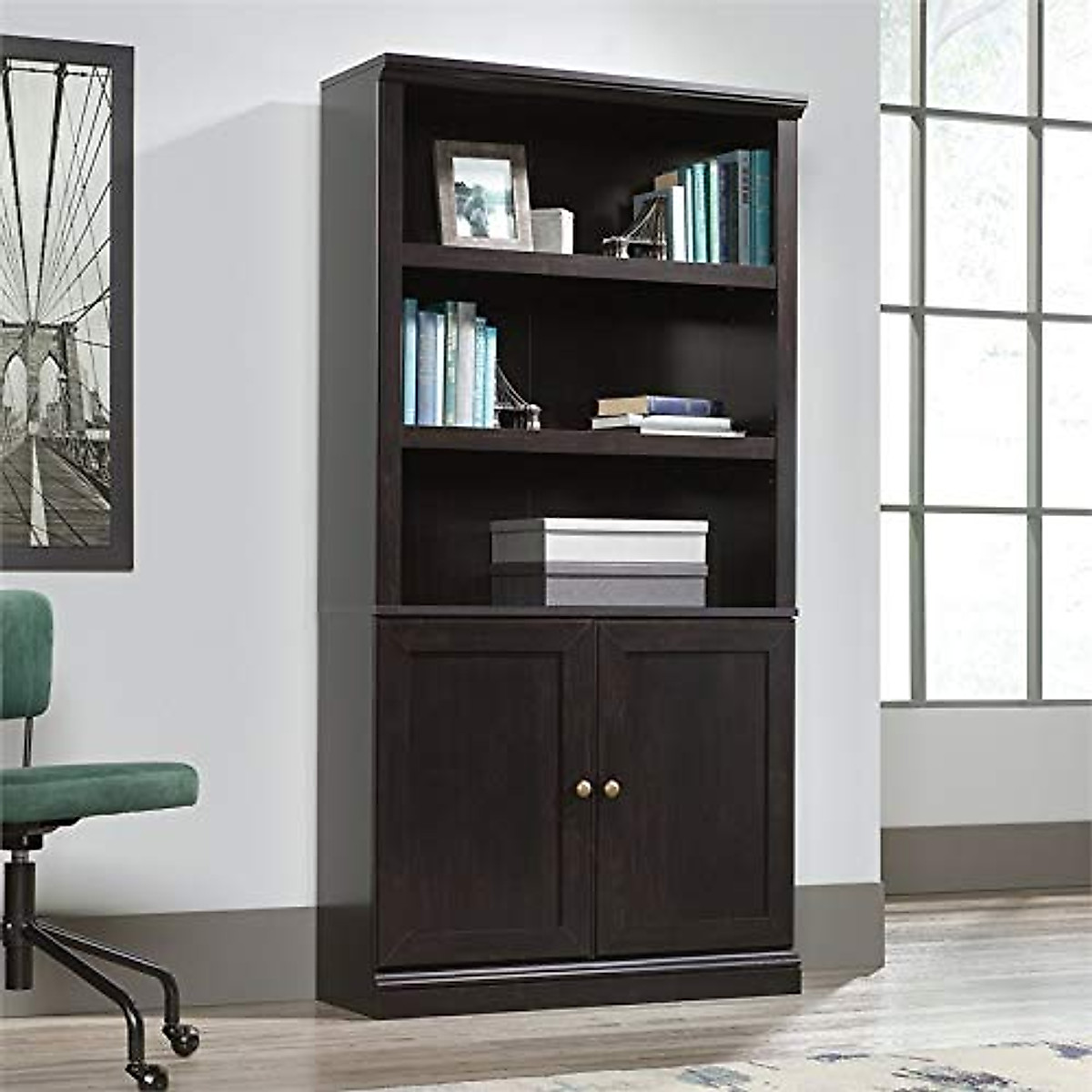 Sauder Misc Storage 3-Shelf 2-Door Tall Wood Bookcase in Estate Black