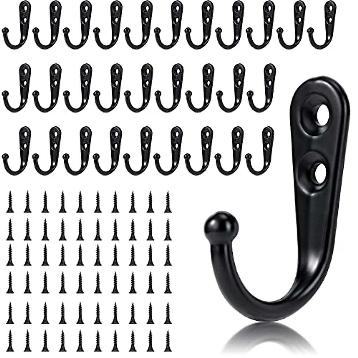 30 Pieces Large Wall Mounted Coat Hook Robe Hooks Cloth Hanger Coat Hanger Coat Hooks Rustic Hooks and 60 Pieces Screws for Bath Kitchen Garage Single Coat Hanger (Black)