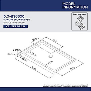 DreamLine SlimLine 36 in. D x 60 in. W x 2 3/4 in. H Center Drain Single Threshold Shower Base in White, DLT-1136600