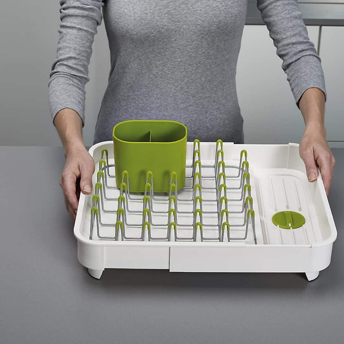Joseph Joseph 85071 Extend Expandable Dish Drying Rack and Drainboard Set Foldaway Integrated Spout Drainer Removable Steel Rack and Cutlery Holder, White,White/Green - Plastic