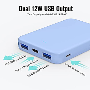 VANYUST Mini Portable Charger Power Bank 5000mAh Capacity External Battery Pack Dual Output Port and USB-C (Input Only) Power Bank for iPhone, Samsung Galaxy, Android Phone, iPad & etc (Blue)